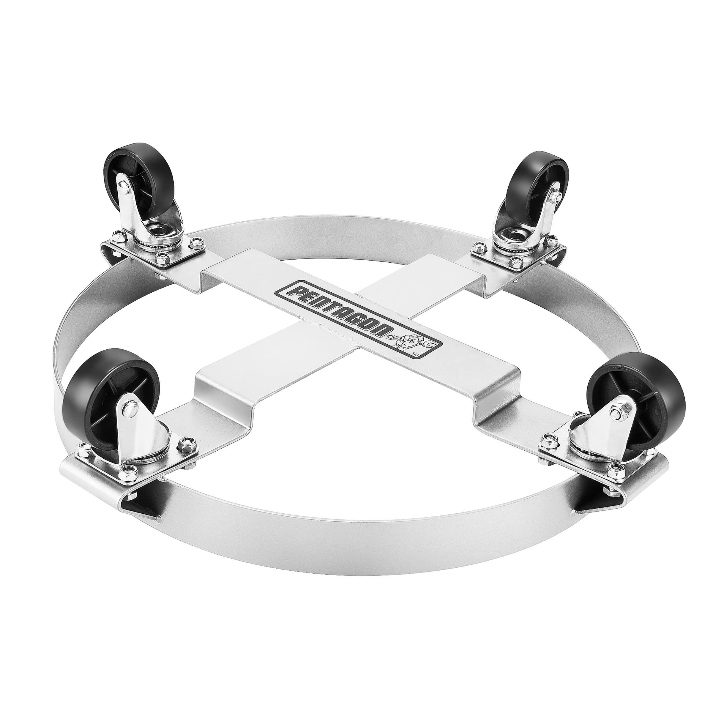 PENTAGON TOOLS 30-Gallon Drum and Garbage Can Dolly – Heavy-Duty Metal Dolly with Cross Braces and Caster Wheels – 1,000-Pound Capacity (Silver)