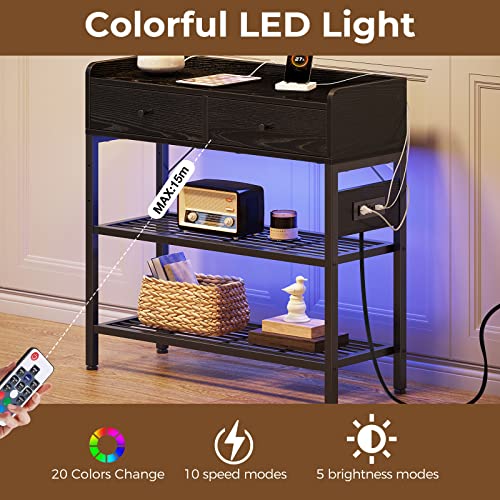 Rolanstar Entryway Table with Drawers,31.5β Entry Hallway Table with Charging Station Metal Storage Shelves,3-Tier Console Sofa Table Entry Stand with LED Lights for Couch, Entrance, Living Room
