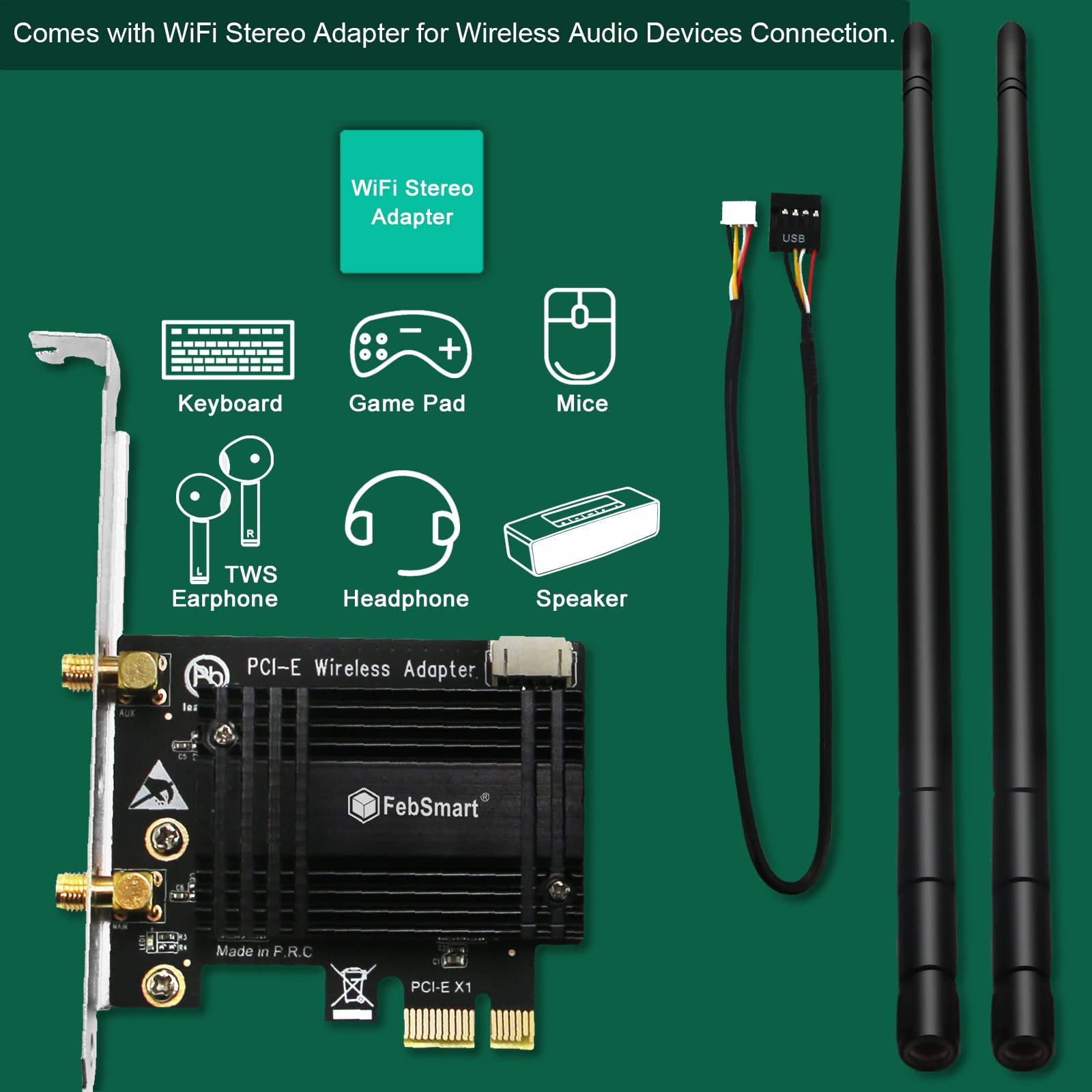 FebSmart WiFi 6E 5400Mbps Tri-band PCIE WiFi Card for Windows 11, 10 64bit and Linux Kernel 5.1 Desktop PCs, 2.4GHz 574Mbps, 5GHz 2400Mbps and 6GHz 2400Mbps for Gaming, Intel WiFi 6E AX210NGW (AX5400)