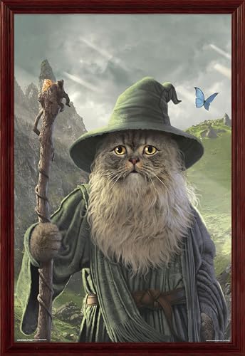 Catdalf Kitten Wizard, Fantasy Humor Poster - 24x36, Decorative Cherry Red Wood Frame (Grande Series)