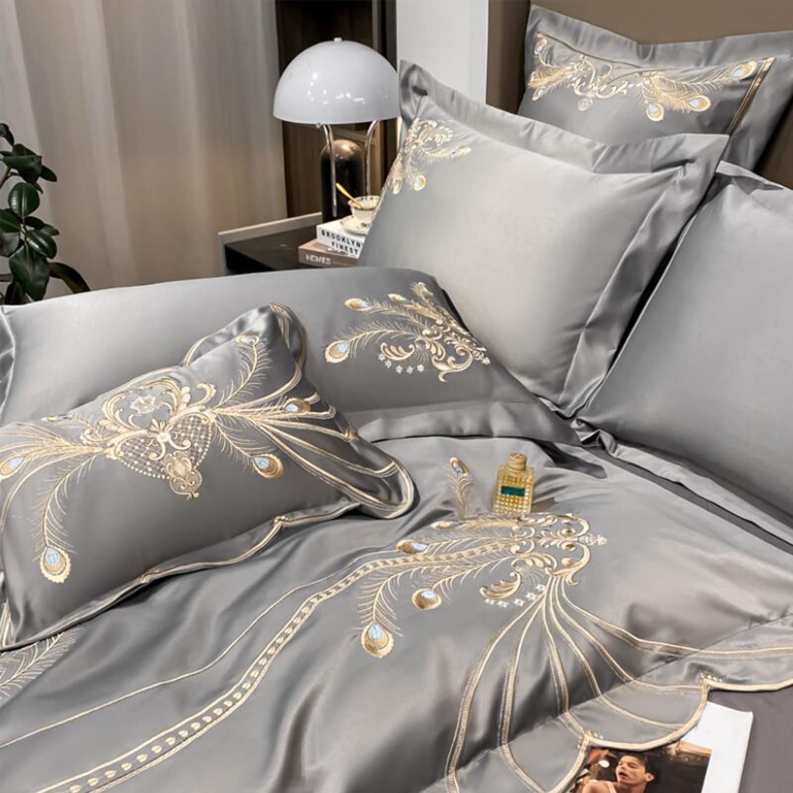 QQXX Luxury Embroidery Duvet Cover Set,Jacquard Silk Bedding Set,Cozy Breathable Microfiber Comforter Cover Set with Zipper Closure and Corner Ties for All-SeasonTies(Queen, Gray)