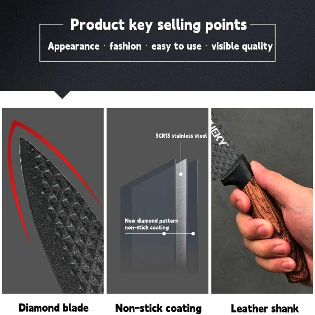 GLOVEVA Set of 6 Knife Set with Giftbox Wave Pattern Sharp Kitchen Knifes wood grain rubber handle chef kitchen knife block sets carving knife set, LARGE&SMALL