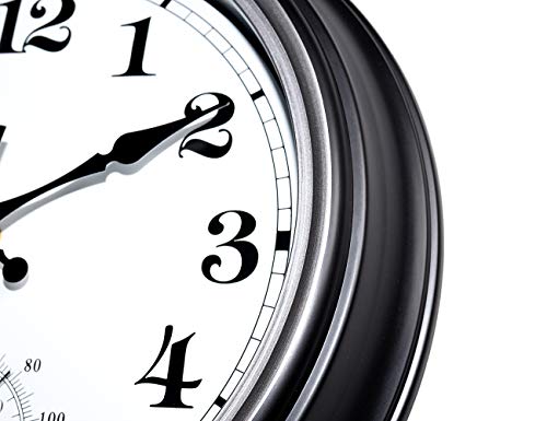 SMILEMARY 12-Inch Indoor/Outdoor Retro Silent Non-Ticking Waterproof Wall Clock with Thermometer,Battery Operated Quality Quartz Round Clock Wall Decorative for Patio/Home