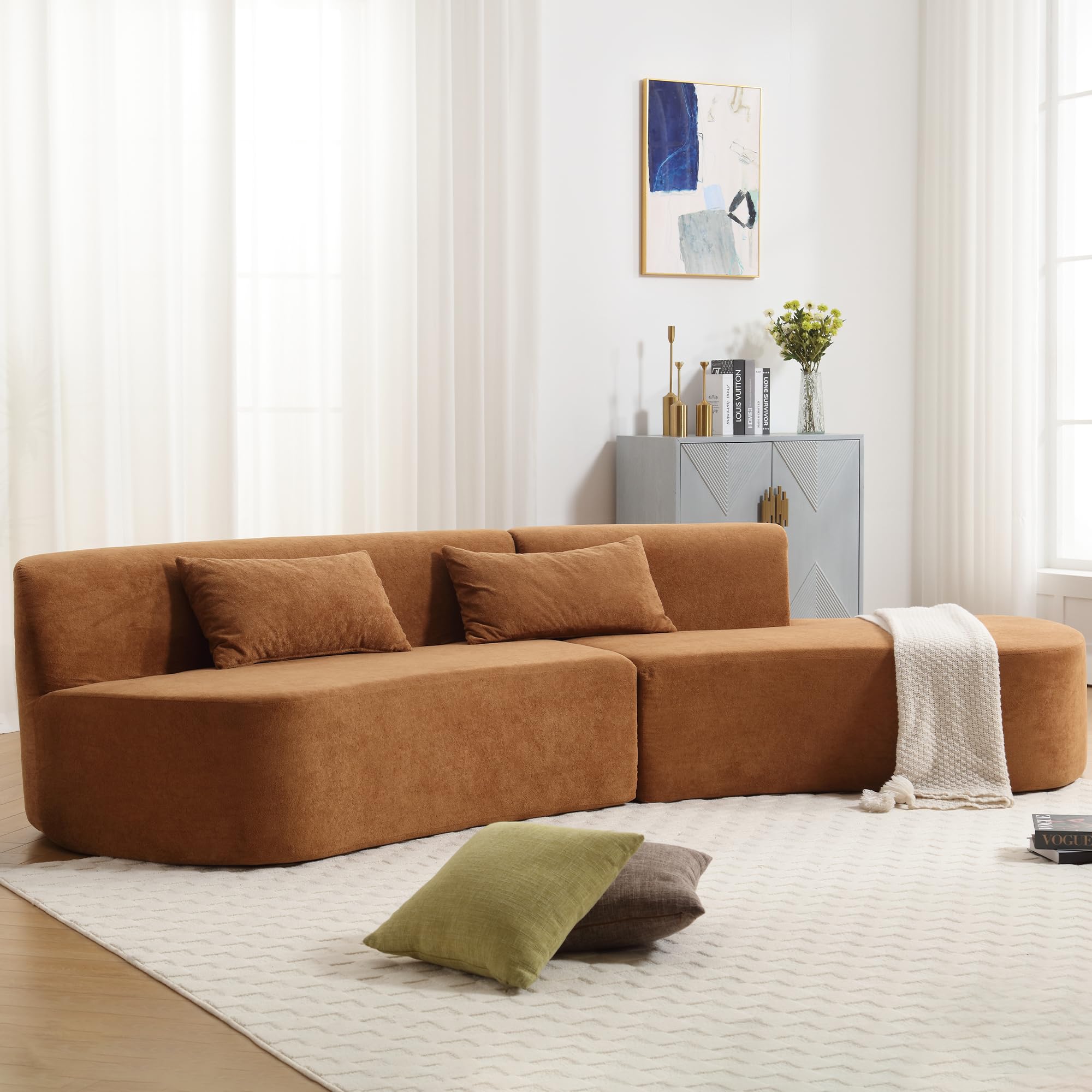 GNIXUU 118.1" Curved Sectional Sofa Couch for Living Room, Minimalist Modern Orange Modular Sectional Sofa, Comfy Cashmere Fabric Cloud Couch with Deep Seat & Chaise for Bedroom, Office