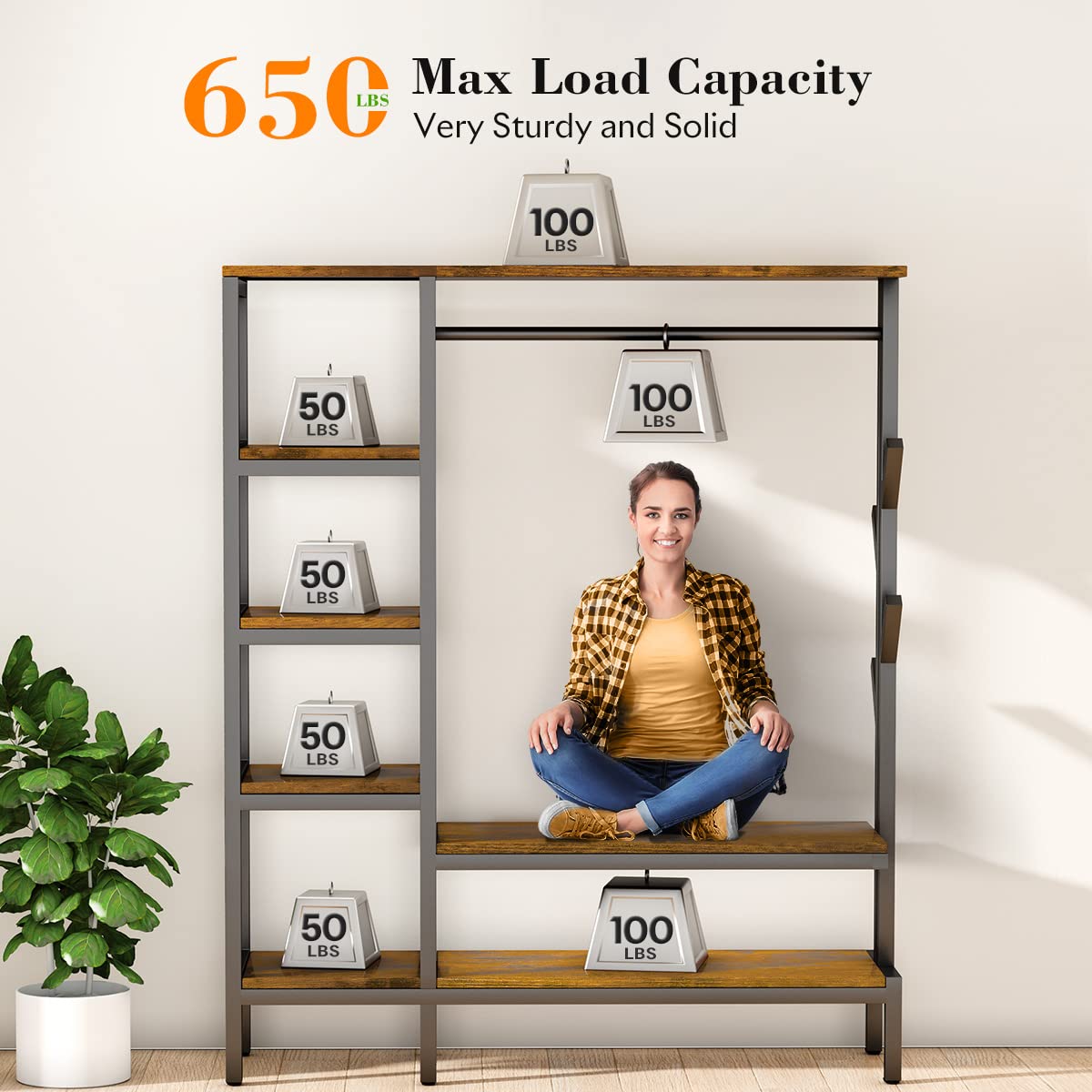 HOKEEPER 650lbs Capacity Heavy Duty Clothing Rack with Shelves Freestanding Closet Organizer with Hooks Metal Wardrobe Closet Organizers and Storage Shelves Clothes Storage Rack