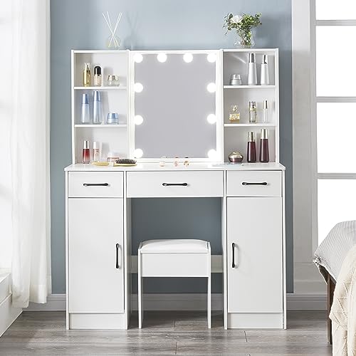 Large Vanity, Vanity Desk with Mirror & Lights,White Vanity Set Makeup Table with 3 Drawer & 3 Level Storage Dresser,2 Cabinets,Bedroom Dressing Table