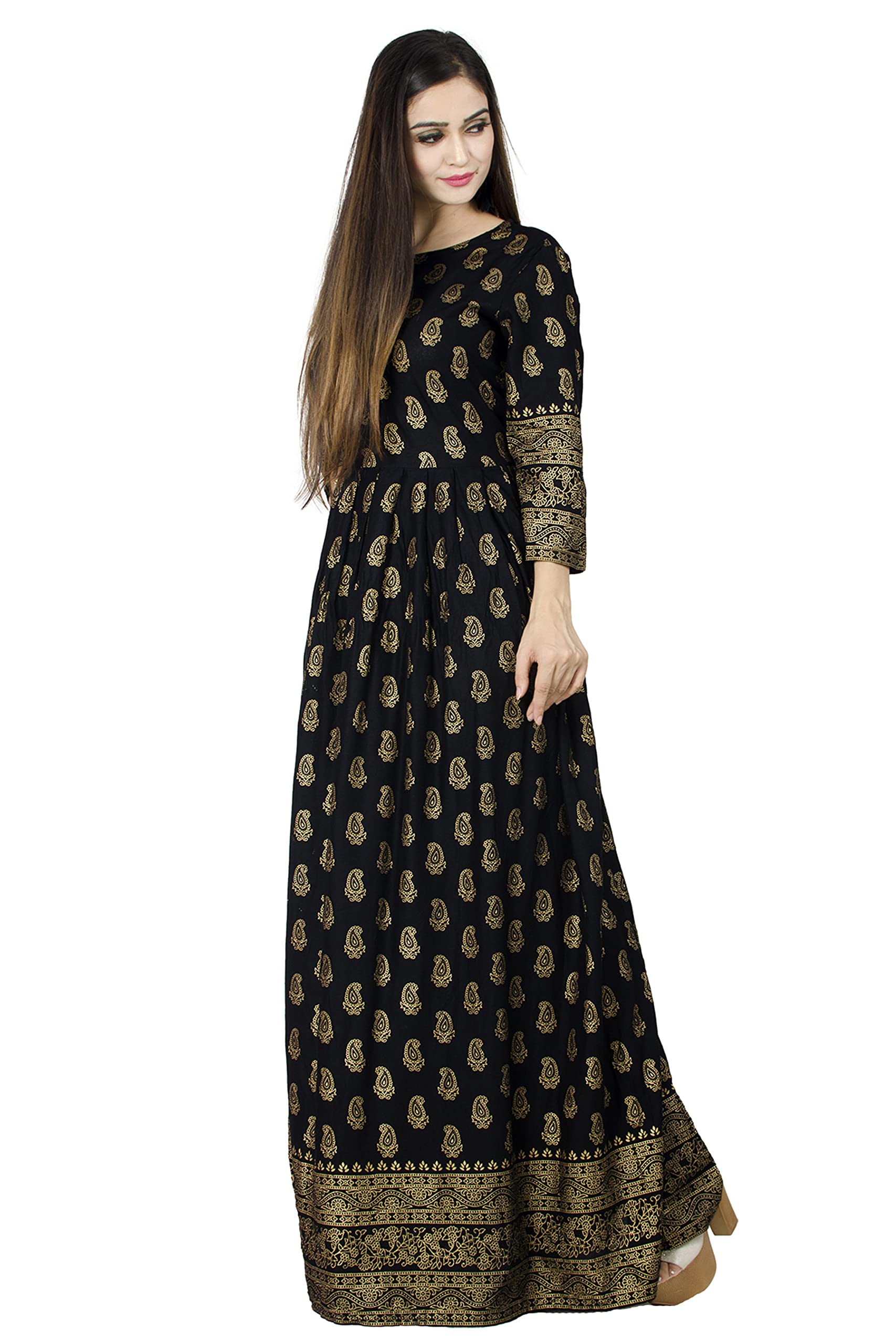 Chandrakala Gold Foil Printed Long Kurti for Women Rayon Indian Anarkali Ethnic Tunic Top Kurta Kurti Dress,Large (K199BLA3)