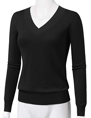 JSCEND Women's V-Neck Long Sleeve Solid Basic Soft Stretch Pullover Knit Sweater Black L