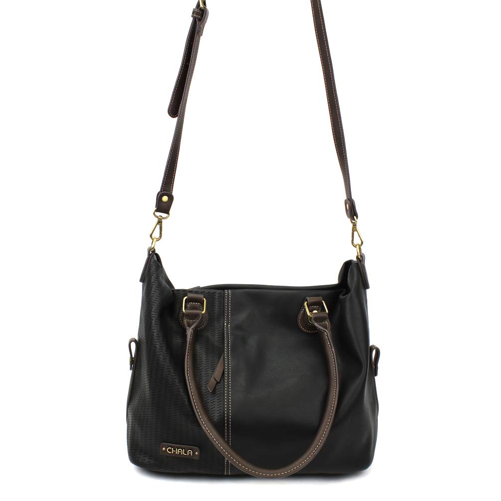 Chala Handbags Black Laser-cut Totes Shoulder Purse with Matching Panda Key-fob and Wallet Combo (Black_Panda Gift Set)