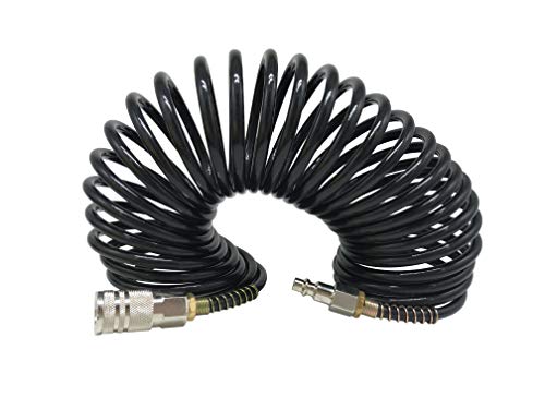 Heavy Duty Coiled Air Hose ID 1/4 Inch Polyurethane Air Compressor Coil Hose Solid Brass Coupler and Plug Recoil 1/4 inch x 25 feet