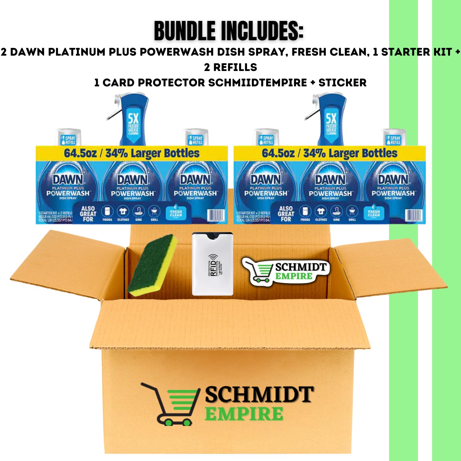 Dawn Platinum Powerwash, Fresh Scent, 1 Starter Kit + 2 Refills + Cleaning Sponge + 1 Card Protector SchmiidtEmpire + Sticker (16oz each - 6 Piece Set - Pack of 2)
