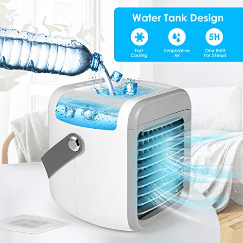 Portable Air Conditioner Fan, Evaporative Personal Air Cooler Humidifier, 3 Speeds, 7 Colors LED Light, Freon Free Ice Cooler Fan with Handle, Misting Fast Cooling Desktop Fan for Room, Office, Study