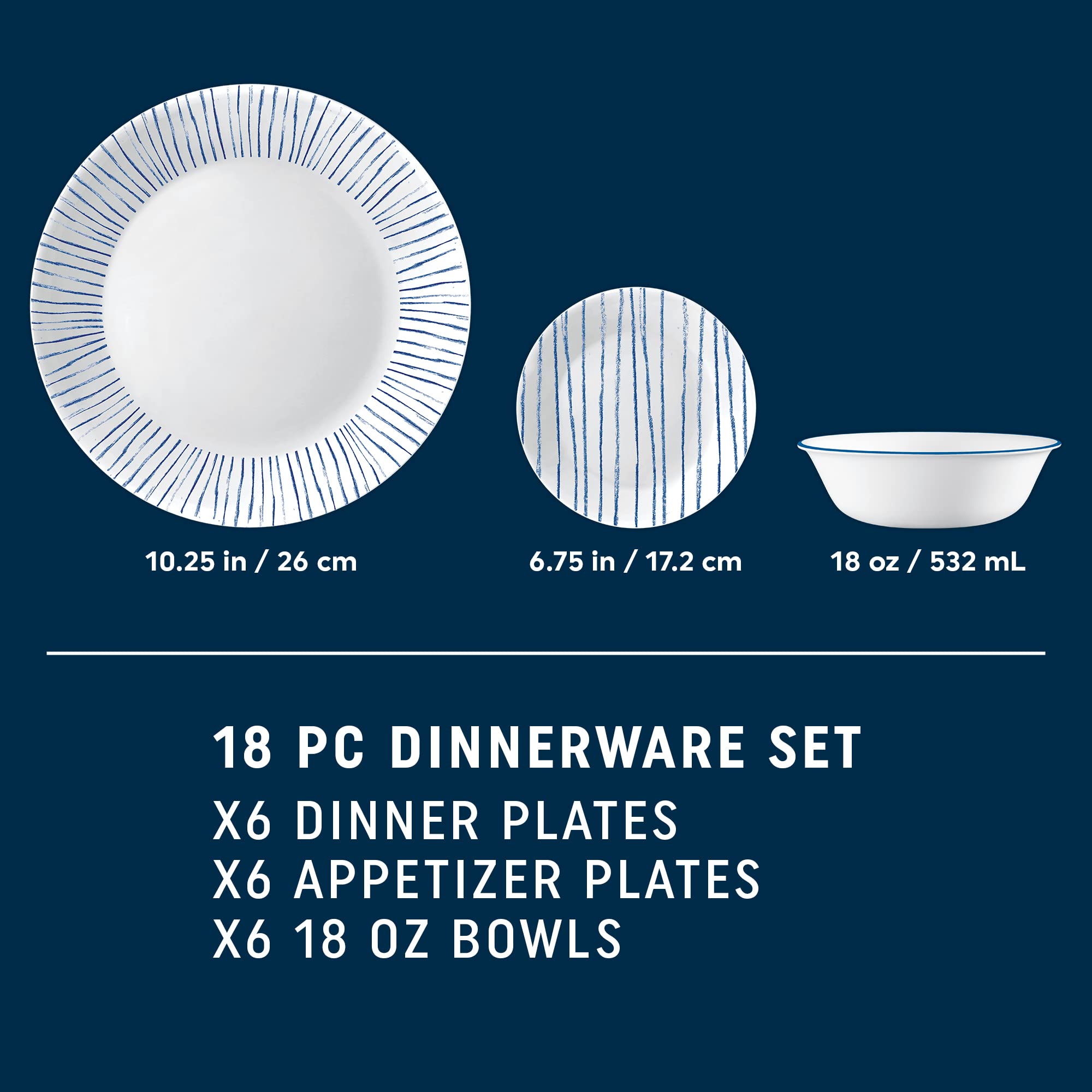 Corelle 18-Piece Dinnerware Set, Service for 6, Lightweight Round Plates and Bowls Set, Vitrelle Triple Layer Glass, Chip Resistant, Microwave and Dishwasher Safe, Nautical Stripes