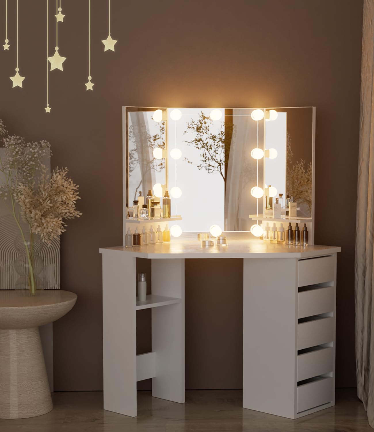 Likein Corner Vanity, Makeup Vanity Desk with Lights, Bedroom White Vanity with Lighted Mirror, Makeup Table with Drawers and Mirror for Women Girls, 3 Lighting Modes Brightness Adjustable