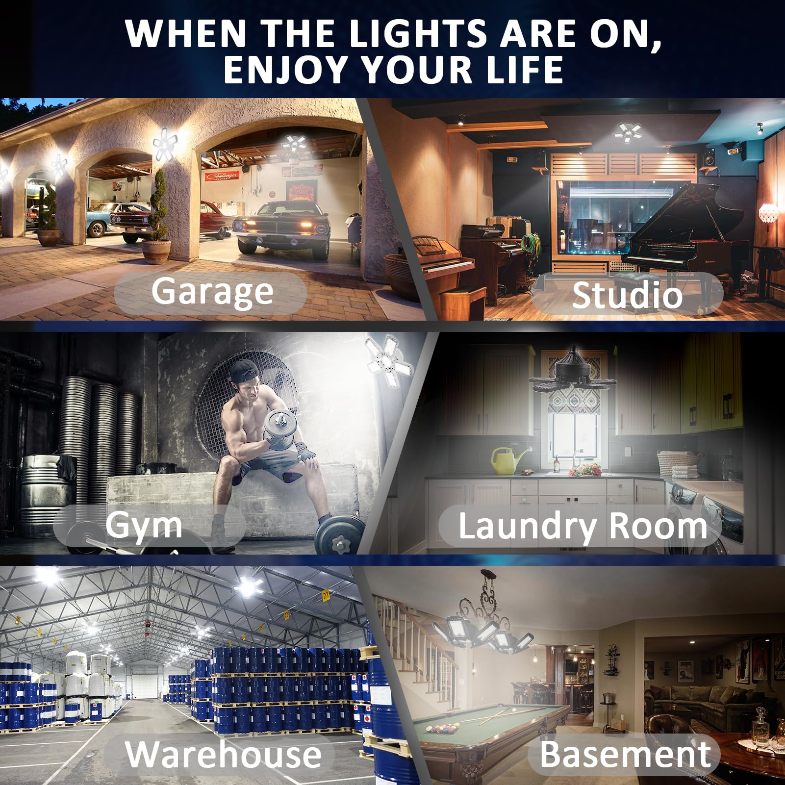 FBIRUNYI LED Garage Lights 2 Pack, LED Garage Ceiling Light Shop Lights with 5+1 Multi-Position Panels for Garage Workshop Basement Support E26/E27 Screw Socket
