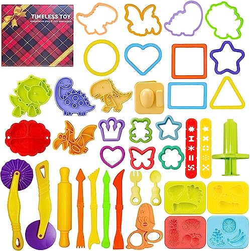 Jaeespon Dough Play Tools for Kids-40pcs Dough Sets with Dinosaur Fruit Roller Cutter Scissor and Various Plastic Accessories Molds, Best Toys Gift for Age 2-8