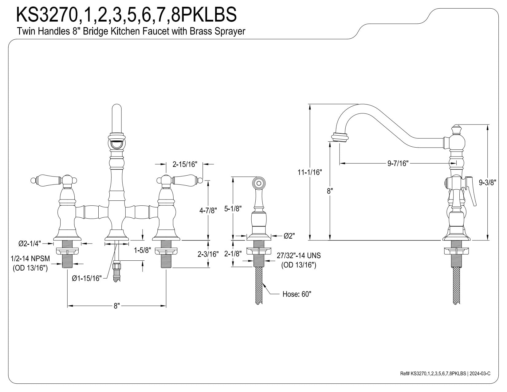 Kingston Brass KS3276PKLBS Duchess Bridge Kitchen Faucet, Polished Nickel