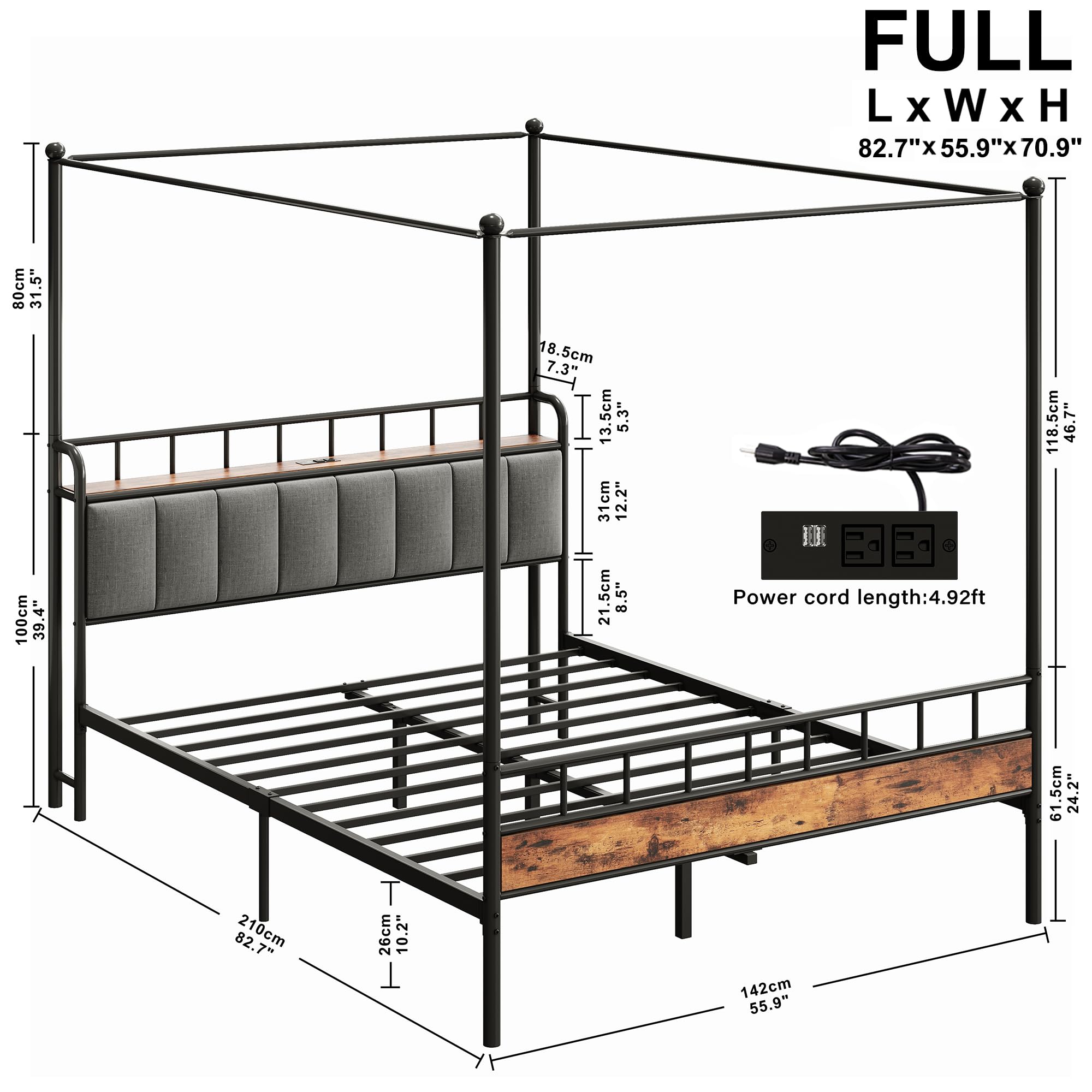 LIKIMIO Canopy Bed Frame Queen, Storage Headboard with Charging Station, Platform Bed with 4 Removable Sturdy Posts, Noise Free, No Box Spring Needed, Vintage Brown