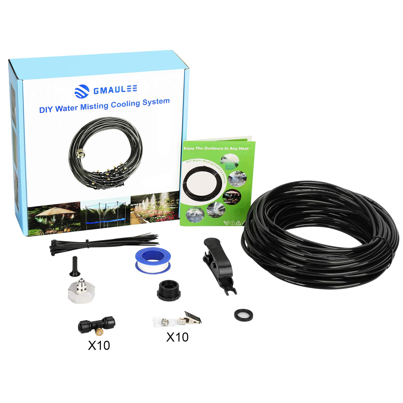 GMAULEE Misting Cooling System, DIY 33 FT(10M) Misting Line +10 Brass Mist Nozzles+ a Brass Connector(3/4'') Outdoor Mister System for Patio Waterpark Garden Trampoline Greenhouse