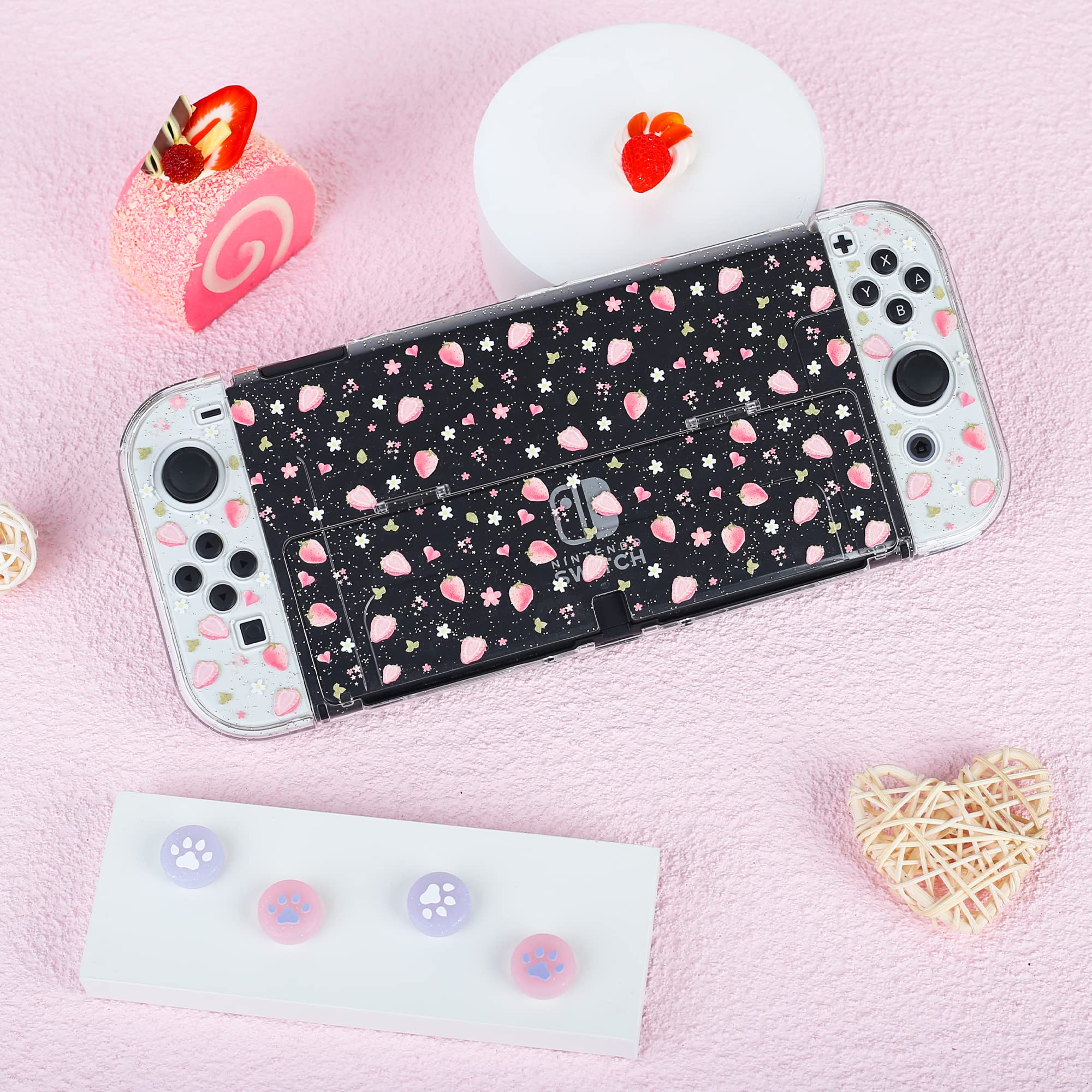 Crystal Case for Nintendo Switch OLED, FANPL Cute Protective Cover Compatible with Switch OLED, Kawaii PC Shell Accessories for Girls with 4 Thumb Caps and Screen Protector - Glitter Pink Strawberry