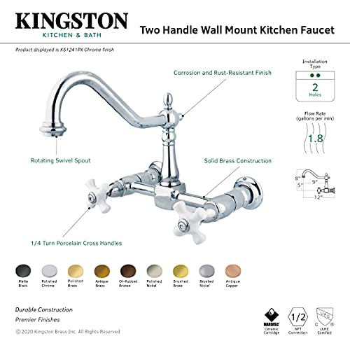 Kingston Brass KS124PXAC Heritage Two-Handle Wall Mount Bridge Kitchen Faucet, Antique Copper