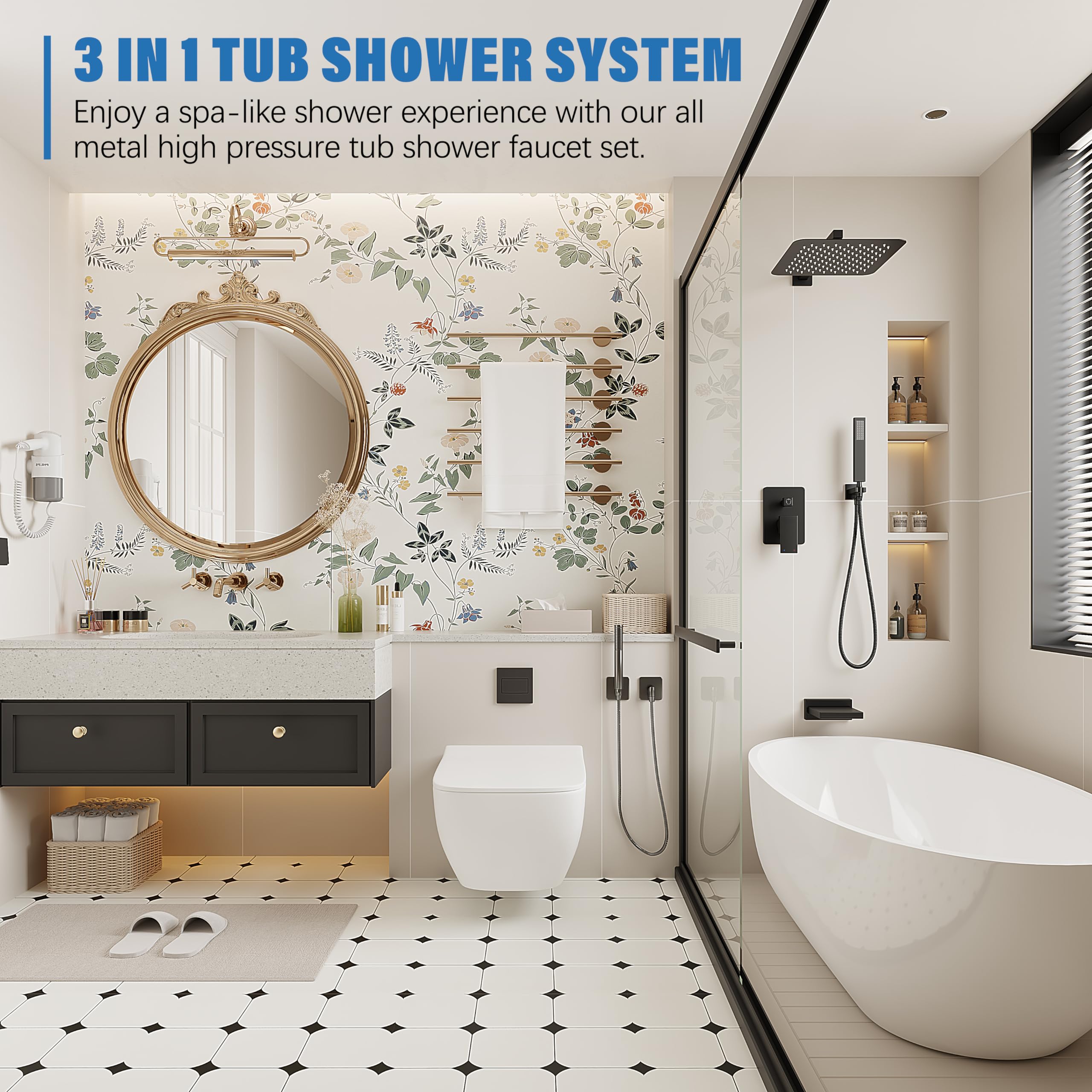 Holispa Black Shower System with Tub Spout, All Metal Tub Shower Faucet Set with 10β Rain Shower Head and Handheld Spray combo, Wall Mounted Tub Shower Systems with Valve and Trim Kit, Matte Black
