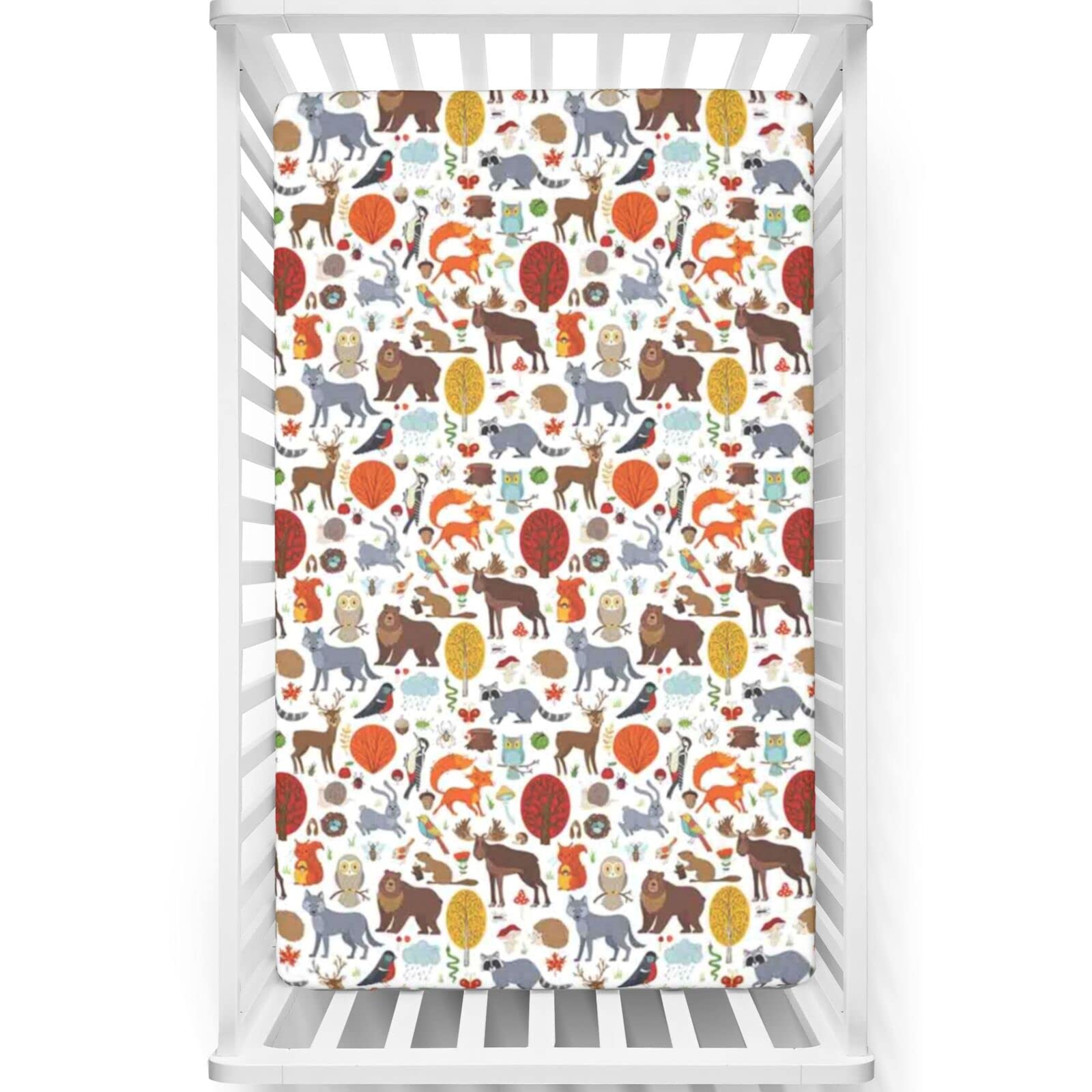 Forest Themed Fitted Mini Crib Sheets,Portable Mini Crib Sheets Soft Toddler Mattress Sheet Fitted - Great for Boy or Girl Room or Nursery, 24“ x38“,Multicolor