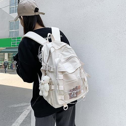 Juoxeepy Aesthetic Laptop Backpack Cute Kawaii College Backpack with Bear Pendant Lightweight Everyday Backpack Nylon Travel Daypack for Women