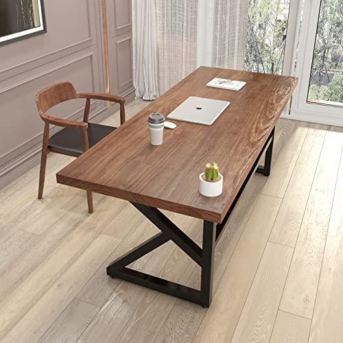 MTMFURFS Solid Wood Desk for Home Office desks Office Table with Extra Thick 1.96" Standing Desk Natural Furniture Simple Study Workstation Brown, 55" D x 27" W x 29" H