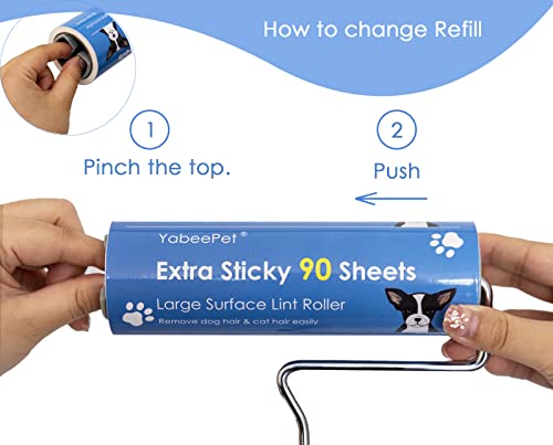 YabeePet Extreme Sticky Large Surface Lint Roller, Long Handle Pet Hair Remover, Designed for Removing Pet Dog Cat Hair 90 Sheets per Roll, 6.3 inch Width (1 Roller+2 Refills)
