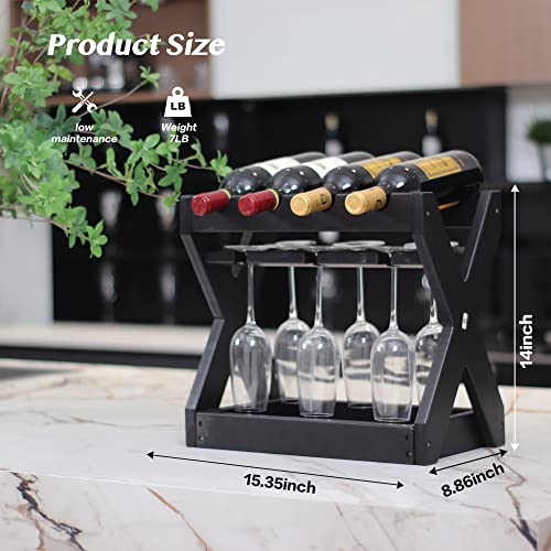 KORVOS Countertop Wine Racks with Glass Holder,4 Bottles Small Wine Rack,High-Density PE Tabletop Wine Bottle Holder for Kitchen, Living Room, Wine Cellar,Bar(Black Color)