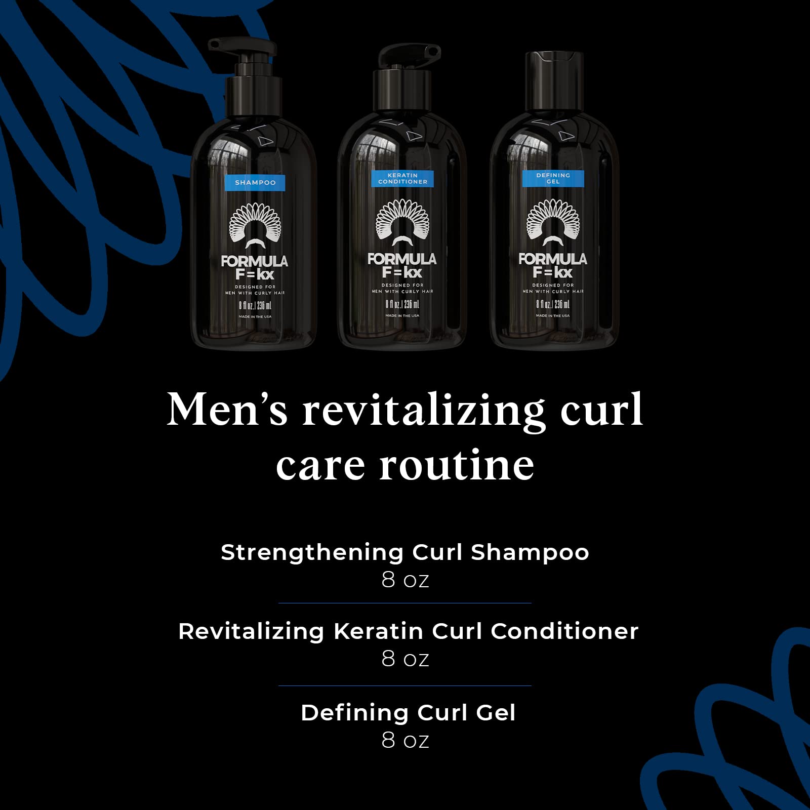 Formula F=kx Curly Hair System for Men - 3-Step Fine & Wavy Hair Care - Shampoo, Conditioner, Curl Defining Gel - Sulfate Free, Ocean Scent - 8oz Each