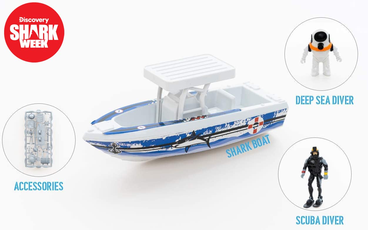 Shark Week Discovery Deep Ocean Explorer Big Toy Playset for Kids, Toy Boat Action Figure Scuba Diver Deep Sea Diver, Great White Shark, Hammerhead, Hand Painted, Eco Friendly, Officially Licensed
