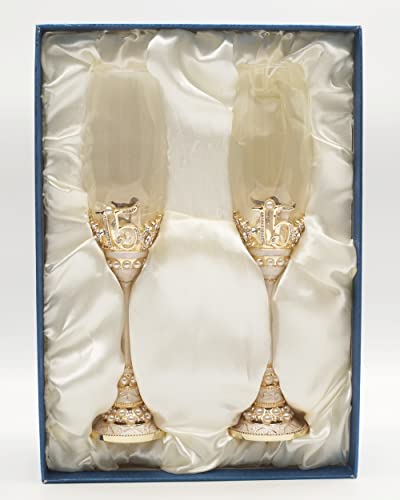 Lassos Boutique Quinceanera Sweet 15 Champagne Toasting Flutes and Cake Knife Pie Server Set, Gold (Champagne Flutes Only)