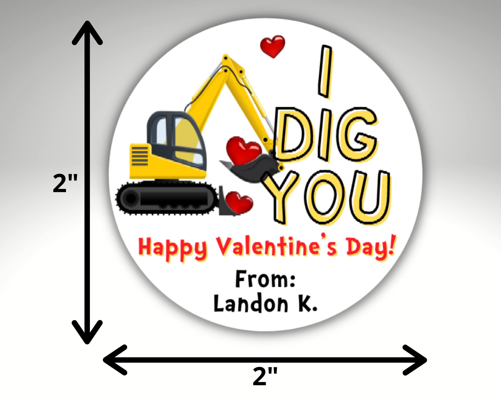 Personalized Construction Digger Valentine's Day Stickers for Kids 20-Count, 2 inch, Custom Classroom Valentines Favor for Boys, Happy Valentine's Day Labels