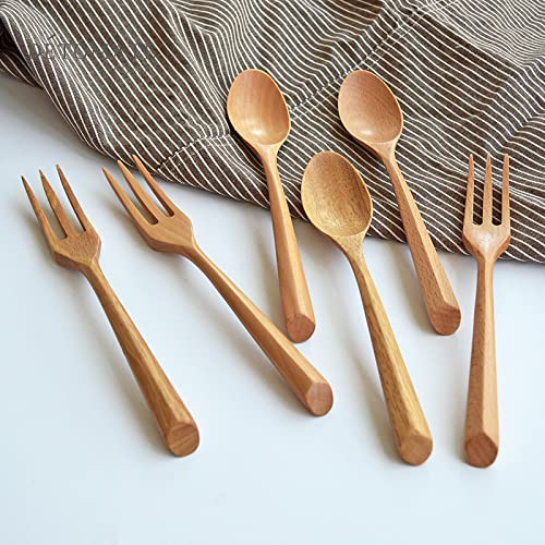 CAULO Wooden Spoon Fork Set Dessert Wooden Spoon Wooden Fork Student Portable Spoon Fork