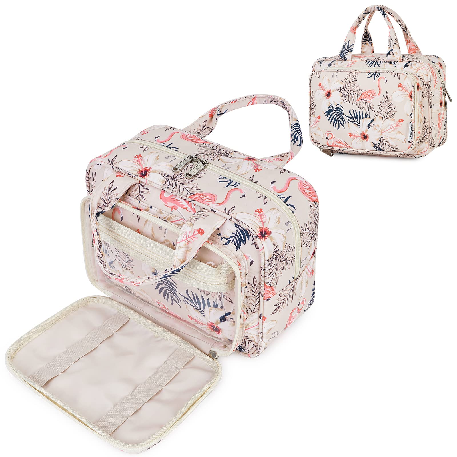 Narwey Full Size Toiletry Bag Women Large Makeup Bag Organizer Travel Cosmetic Bag for Essentials accessories (Beige Bird)