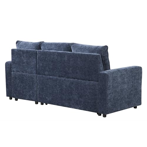 FUQIAOTEC L-Shaped Pull Out Sofa Couch with Reversible Chaise, Polyester Upholstered Sectional Storage Sleeper Sofa Bed, 89" W 3-Seater Blue Modular Fabric Sofa