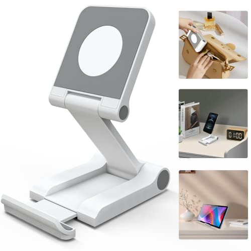 Portable Foldable Cell Phone Stand for Desk, Magnetic Adjustable Tablet Holder Mount for Office Desktop Compatible with iPhone 14/13/12 Magsafe, iPad, Universal Cellphone Dock with Metal Ring Sticker