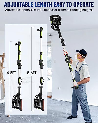 MYTOL Drywall Sander, 7.2A Electric Drywall Sander with Vacuum Dust Collection, LED Light, 6 Variable Speed Digital Display 900-1800RPM, Foldable & Extendable Handle, 9 Sanding Discs&3 Grid Sandpaper
