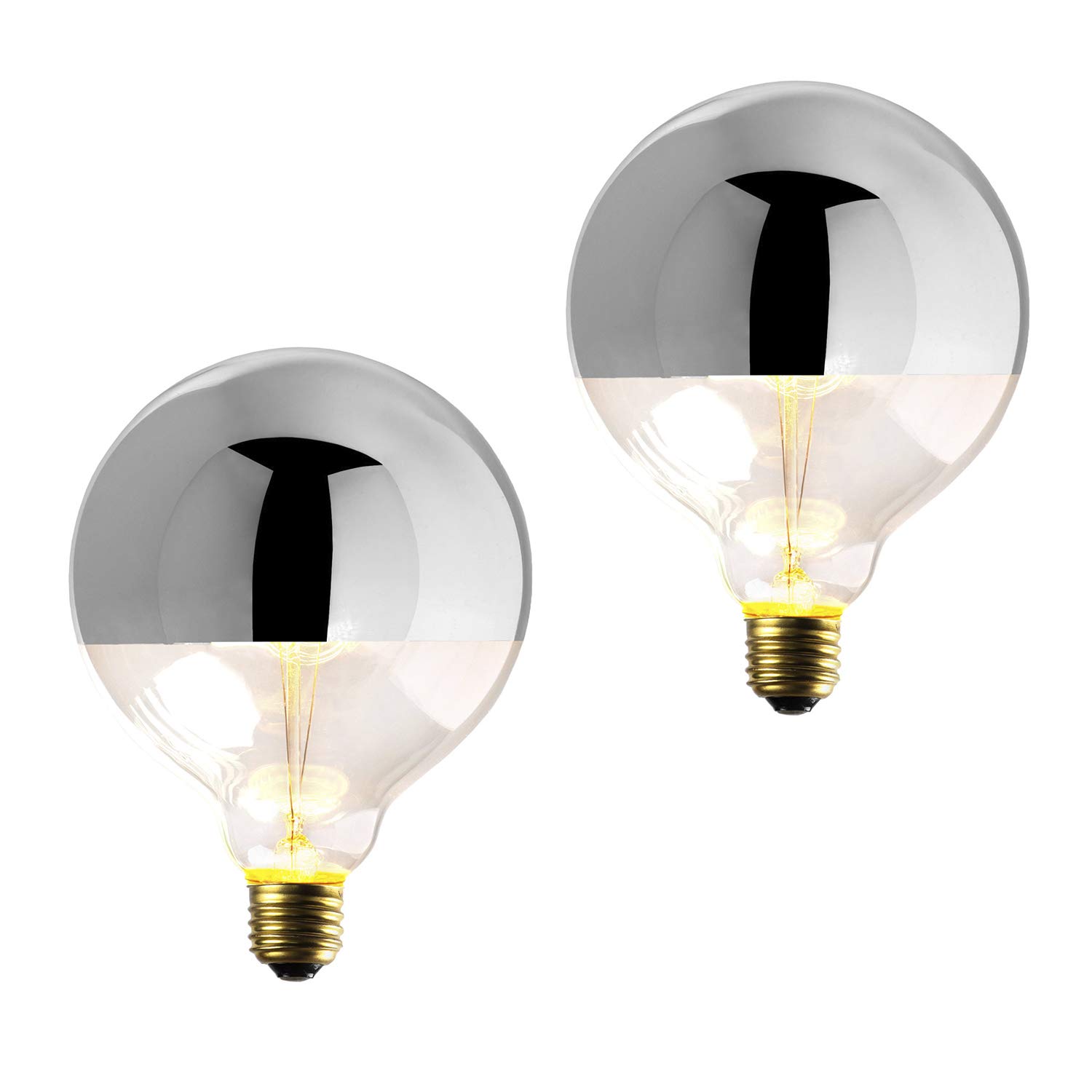 Chrome Tipped Light Bulb - 40 Watt, Silver Half Dipped Edison Bulb, G40 Large Round Globe, E26 (Medium) Base, 120V, Incandescent, Dimmable, Decorative Mirrored Lightbulb - Set of 2