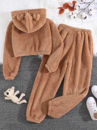 SOLY HUX Girl's Bear Ear Fuzzy Fluffy Drop Shoulder Hoodie Sweatshirt with Sweatpants Two Piece Outfit Pure Brown 10Y