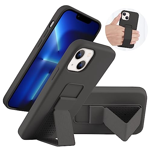 LAUDTEC iPhone 13 Mini Case with Kickstand, Vertical/Horizontal Stand Hand Strap Kickstand | Microfiber Linner | Liquid Silicone Full Body Protective Stand Case for iPhone 13 Mini 5.4'' Black