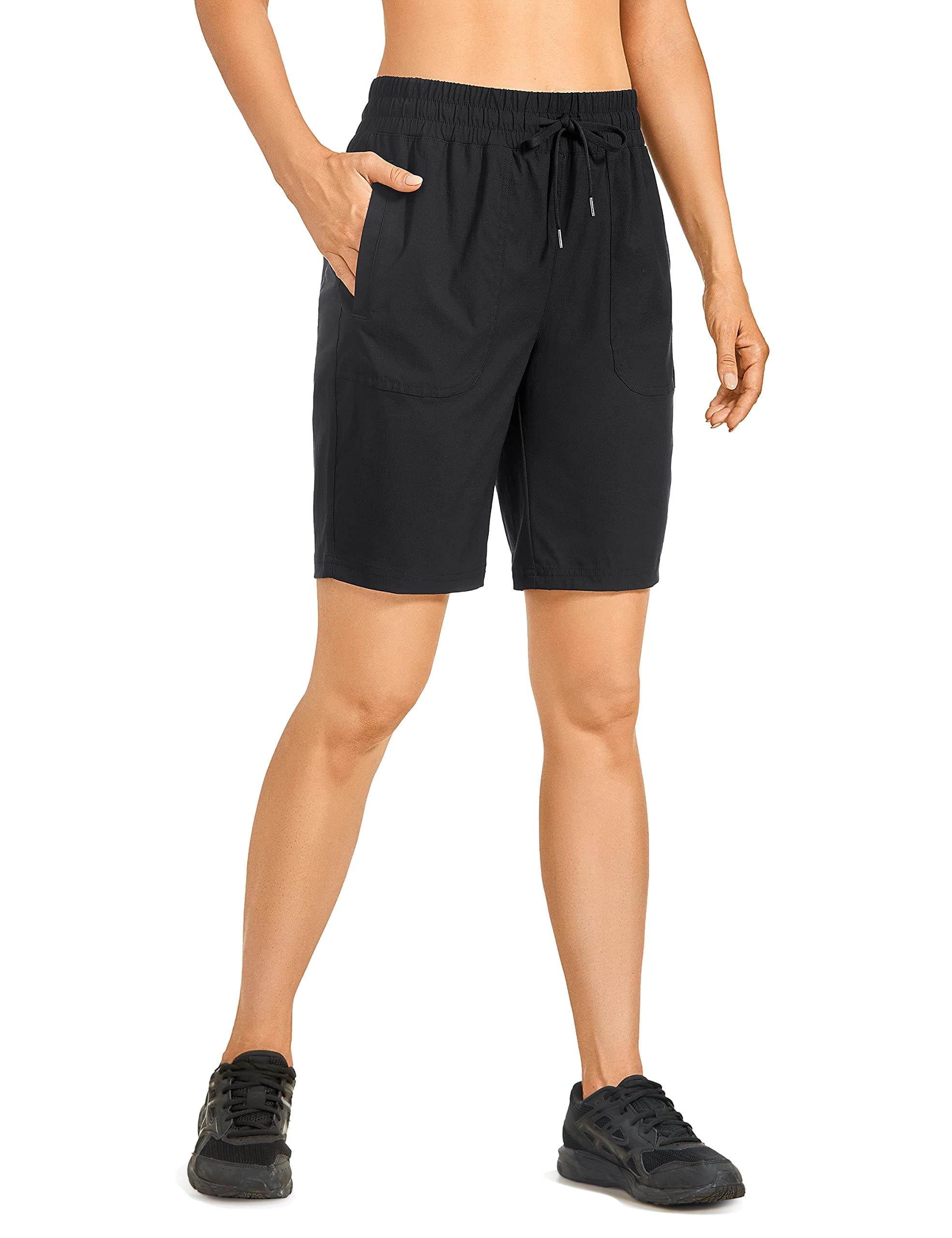 CRZ YOGA Women's High Waisted Bermuda Hiking Shorts 9'' - Quick Dry Knee Length Athletic Golf Outdoor Shorts Pockets Black Medium