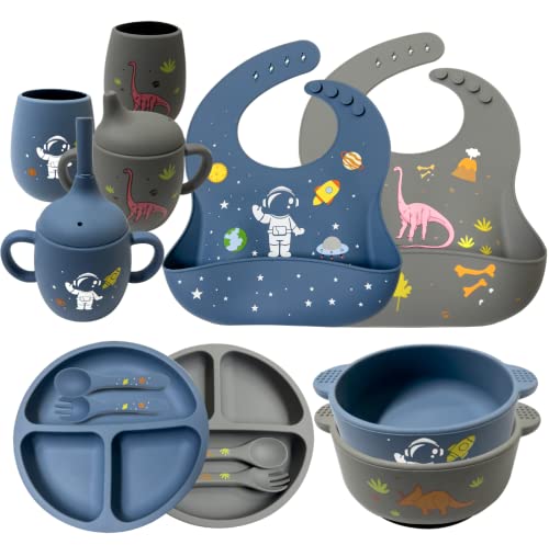 Soft Silicone Baby Feeding Set With Pattern, Baby Led Weaning Supplies with Adjustable Bib, Suction Bowl, Suction Divided Plate, Straw Cup, First Stage Spoon & Fork