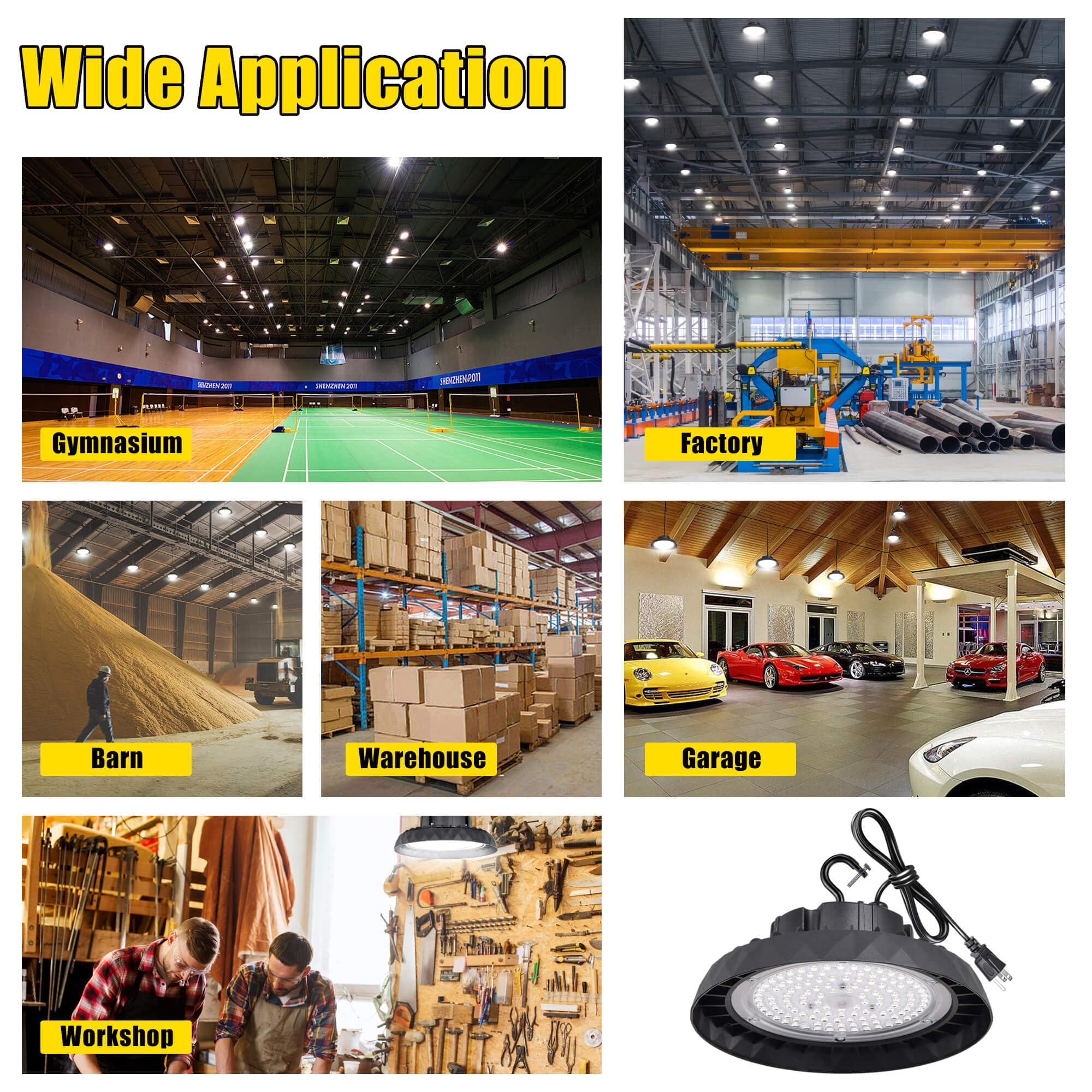 LAUDING LED High Bay Light 150W, 21000LM 5000K Daylight UFO LED High Bay Shop Light with 5' Cable UL Plug for Workshop Barn Shop Warehouse Factory Gym Garage, IP65 Waterproof Dustproof.