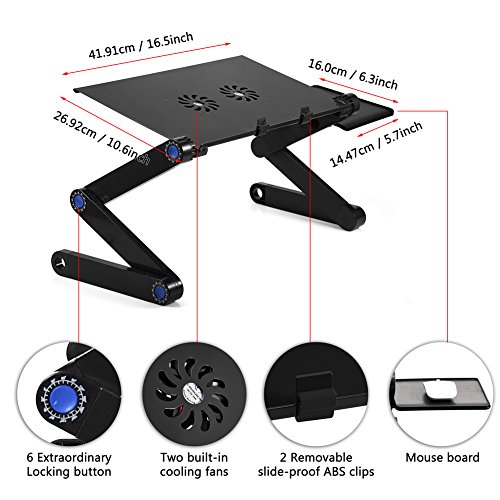 Portable Laptop Stand, 360 Degree Adjustable Foldable Computer Tablet Notebook Table Desk Holder Rack with Mouse Tray for Bed Red (Black-Dual Fan)
