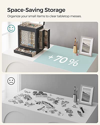 SONGMICS Jewelry Box with Glass Window, 5-Layer Jewelry Organizer with 3 Side Drawers, Jewelry Storage, with Vertical Storage Space, Big Mirror, Modern Style, Graphite Black and Silver UJBC162B01