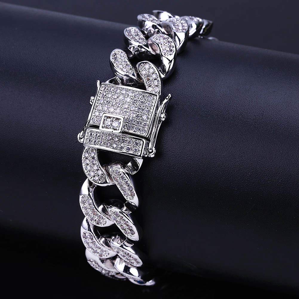 Chryvva 12mm 18k Gold Plated All ICED Out Simulated Diamond Miami Cuban Chain Bracelet 8" (Silver 8'')