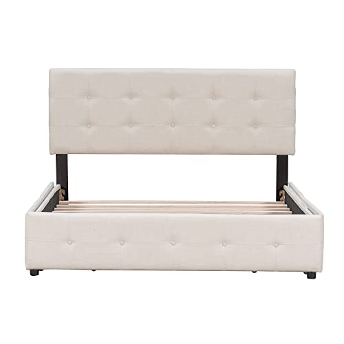 Harper & Bright Designs Queen Size Upholstered Platform Bed with Storage, Queen Bed Frame with 4 Drawers and Tufted Headboard for Teens Adults, No Box Spring Needed, Beige